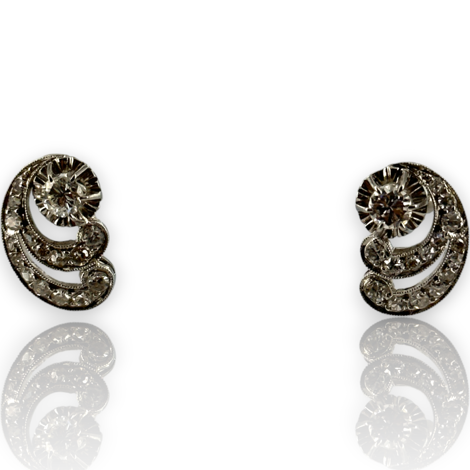 Antique Vintage 14KT 585 White Gold Diamond Scroll Motif Stud Earrings ...