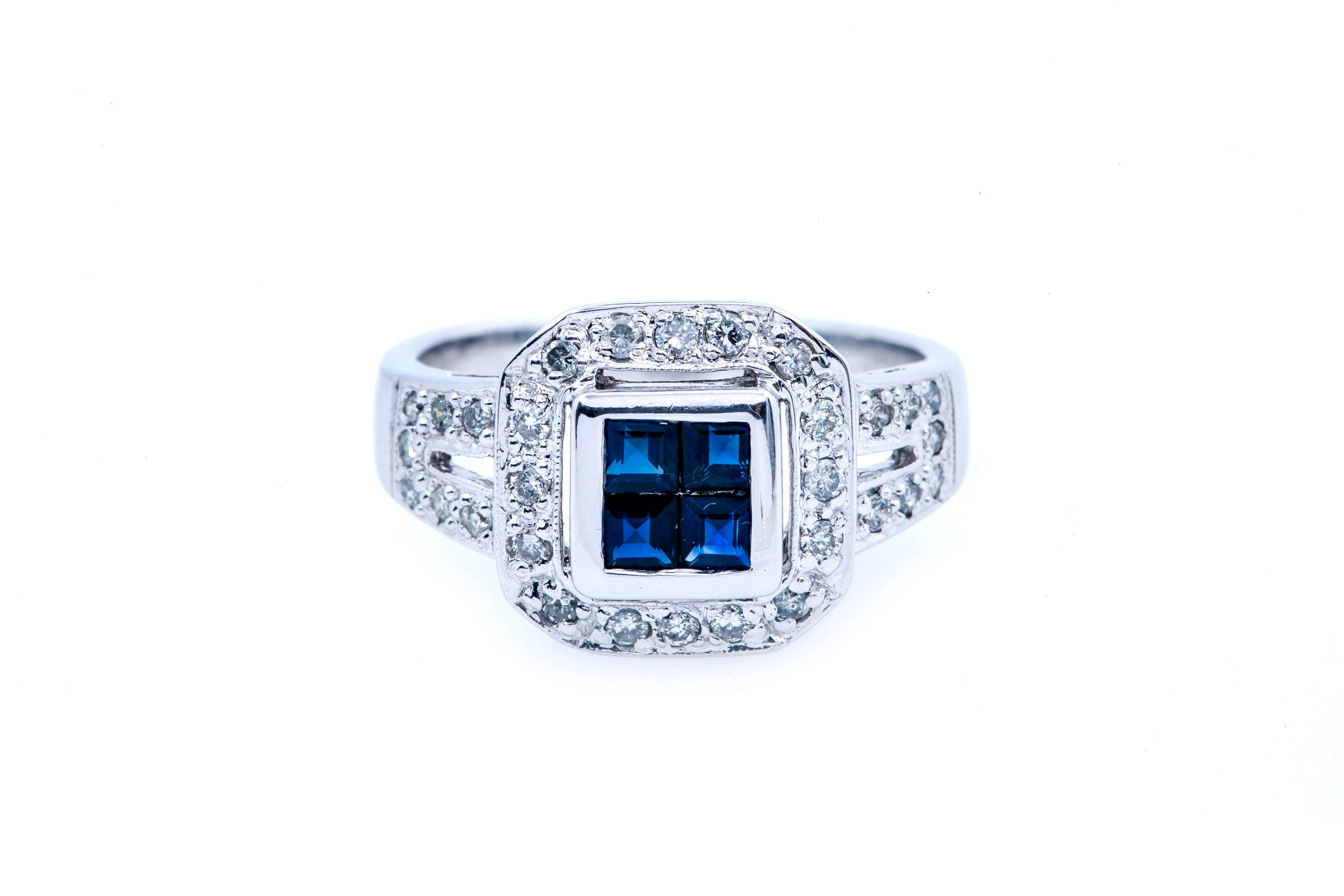 Setra Art Deco Natural Sapphire & Diamond Halo 14K 585 White Gold Ring ...